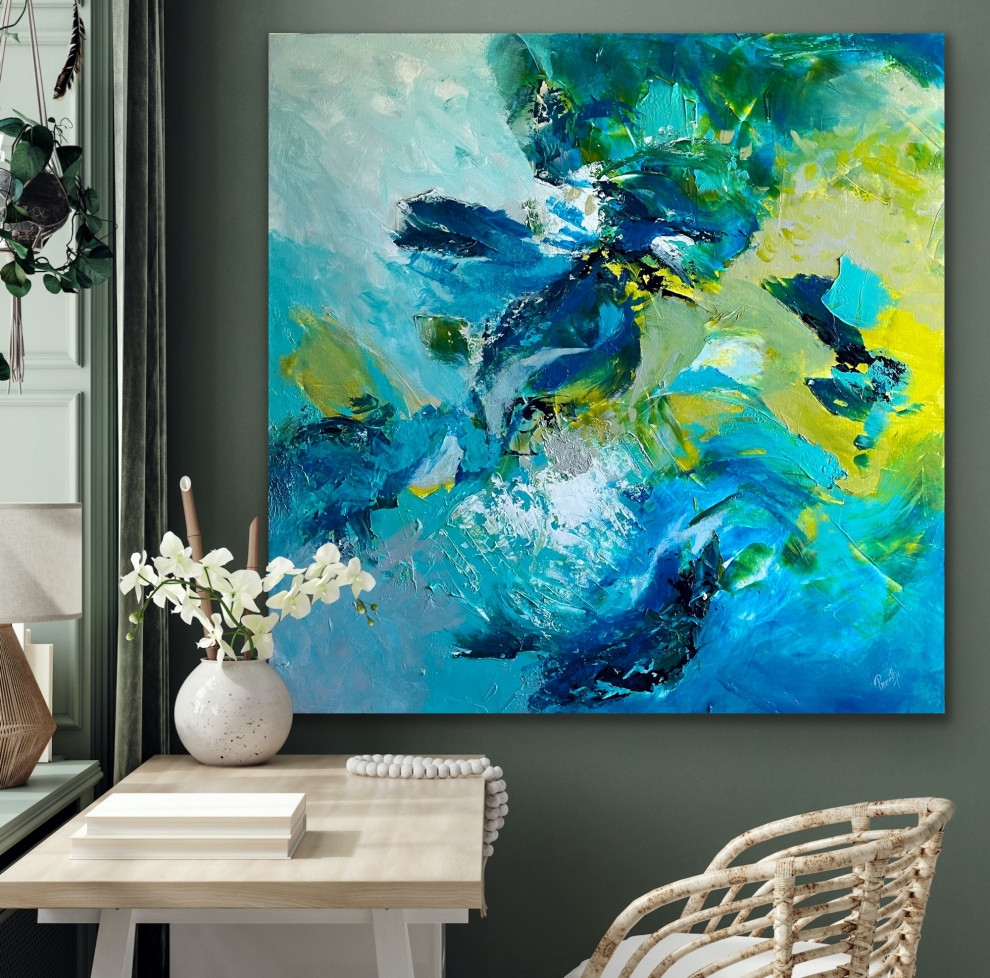 48x48 IN Original Large Modern teal blue and Lime green abstract ...