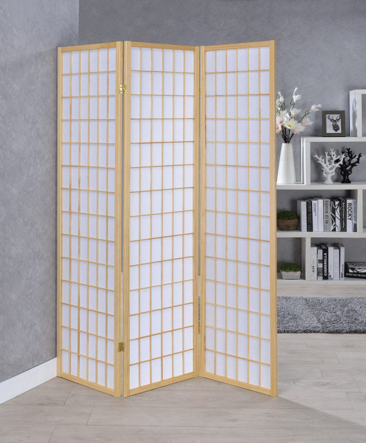 3-Panel Folding Screen, Natural and White - Asian - Screens And Room ...