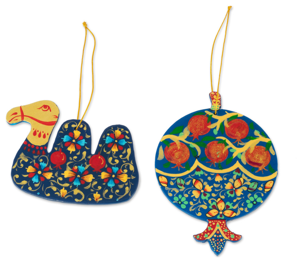 Novica Handmade Camel And Pomegranate Lacquered Wood Ornaments (Pair ...