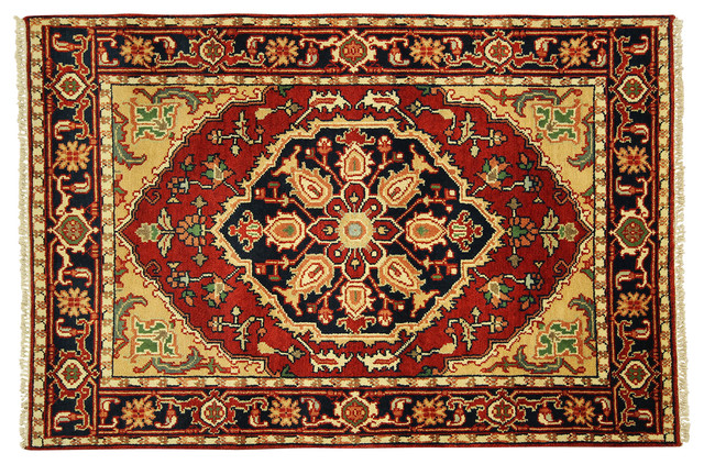 Maroon Antiqued Heriz 4'x6' Hand Knotted Veg Dyed Oriental Serapi Wool ...