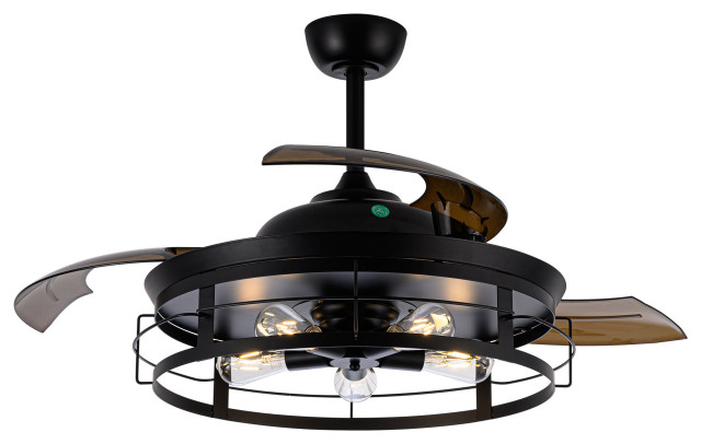52 in Modern Black Industrial Retractable Ceiling Fan with Light Kit ...