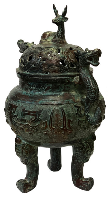 Vintage Look Chinese Green Black Ancient Ding Shape Holder Display ...