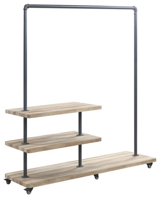 ACME Brantley Metal Hanger Rack with 3 Wooden Tier Shelf in Oak and ...