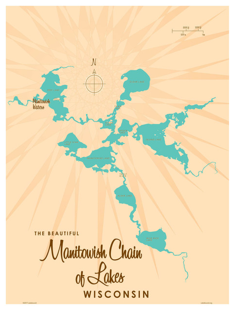 Lakebound Manitowish Chain of Lakes Wisconsin Map Art Print, 9"x12 ...
