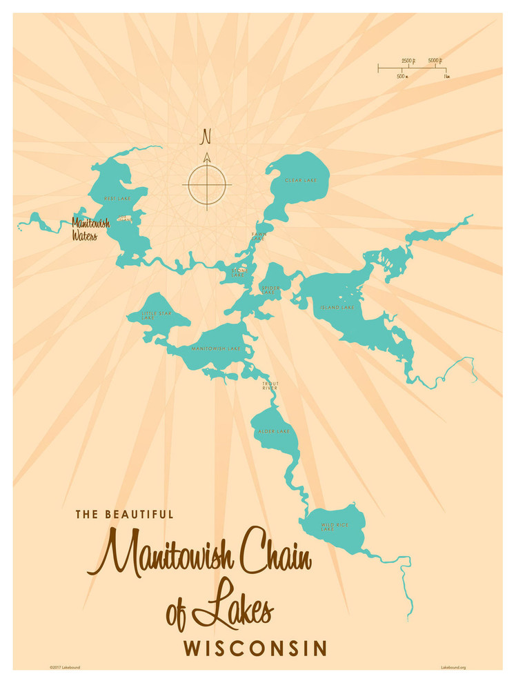 Lakebound Manitowish Chain of Lakes Wisconsin Map Art Print, 9"x12 ...