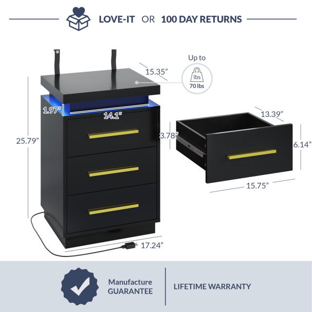 Set of 2 End Tables with RF Remote-Controlled LED Lights, Three Drawers ... Set of 2 End Tables with RF Remote-Controlled LED Lights, Three Drawers ...