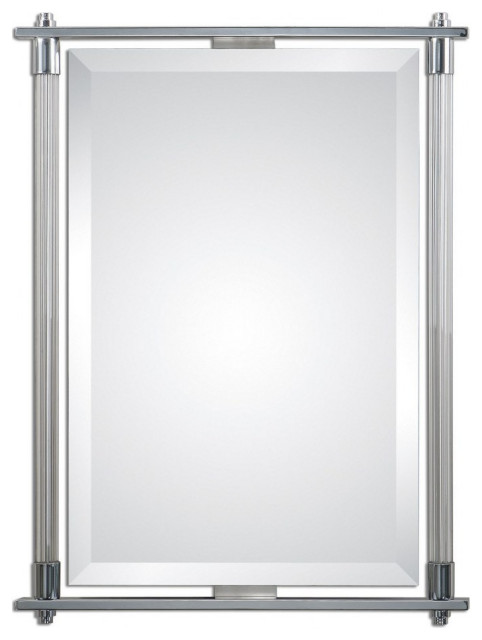 Modern Rectangular Beveled Mirror in Polished Chrome Ribbed Glass ...