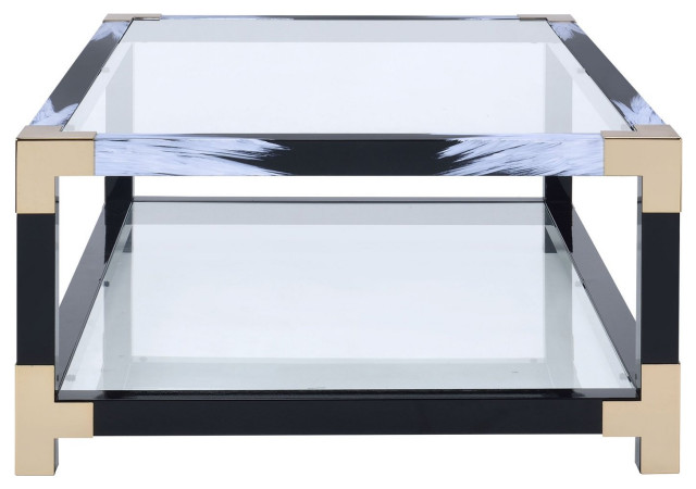 Unique Rectangular Metal Coffee Table with Glass Top, Shelf, and Gold ...