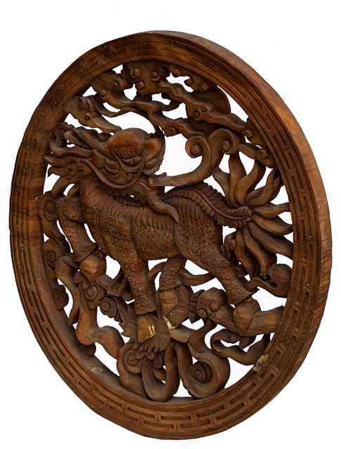 Vintage Chinese Round Kirin Rustic Raw Wood Wall Plaque Panel Hws2953 ...