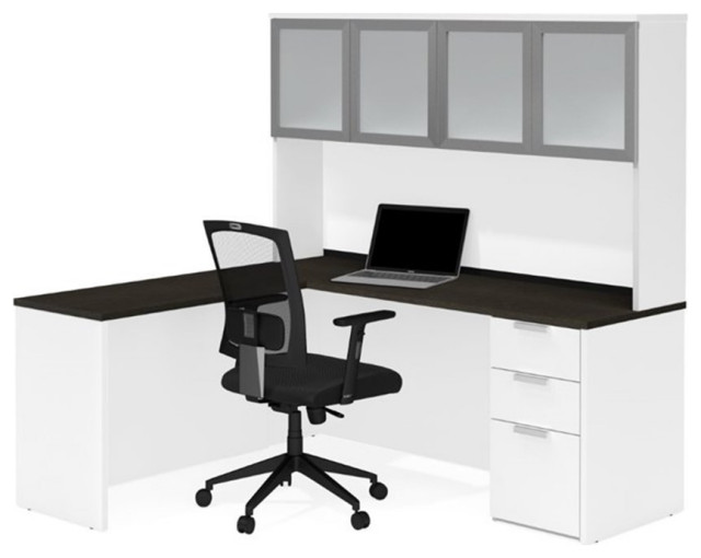 Bestar Pro Concept Plus L Desk with 4 Door Hutch in White and Deep Gray ...