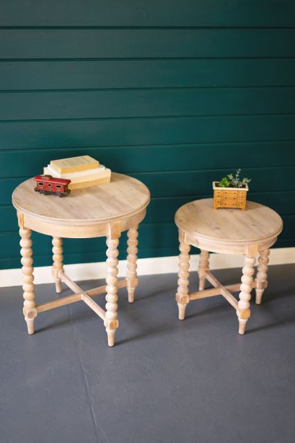 Farmhouse Natural Wood Round Side Table 2-Piece Set - Farmhouse - Side ...
