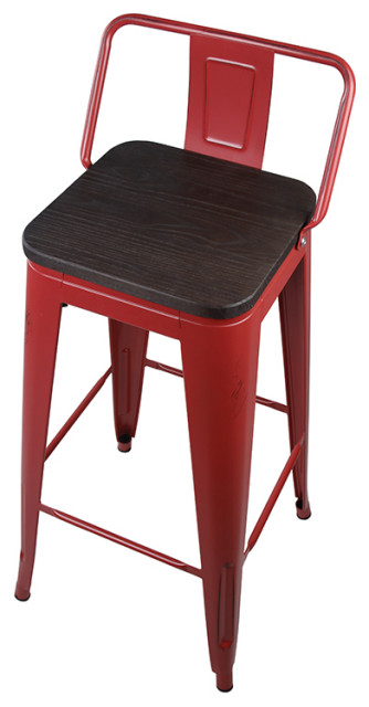 Red Lowback Metal Bar Stools, Dark Wooden Seat, Set of 3 - Industrial ...