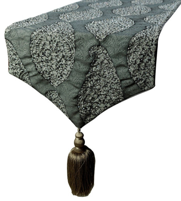 Decorative Table Runner Grey Jacquard Silk, Beaded Tassels - Celestial ...