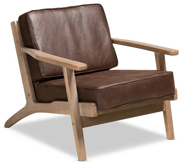 Mid-Century Modern Oak Armchair, Dark Brown Faux Leather Upholstery ...