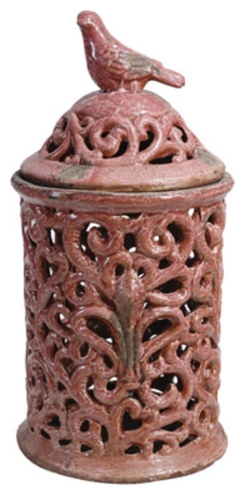 Rustically Designed Ceramic Lidded Jar, Red - Farmhouse - Decorative ...
