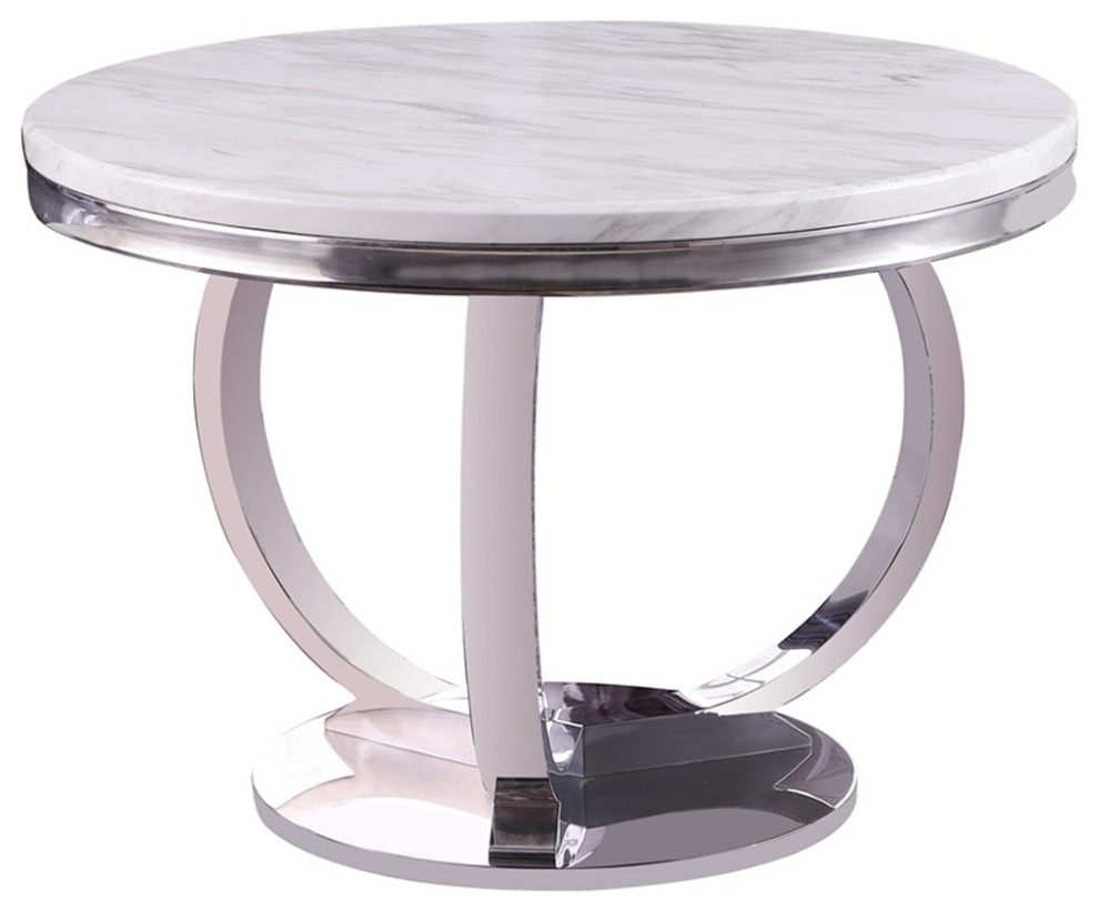 Layla White Modern Faux Marble Round Dining Table with Silver Base ...