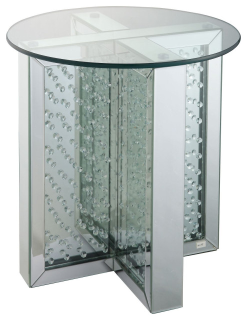 Elegant End Table, Mirrored Crossed Base With Faux Crystal Accents ...