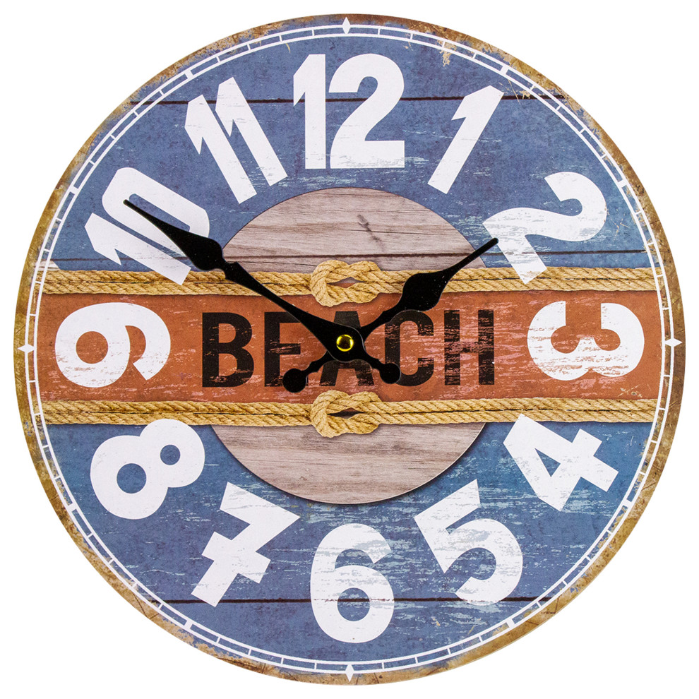 12" Battery Operated "Beach" Round Wall Clock - Beach Style - Outdoor ...