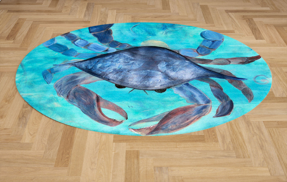 Blue crab coastal home chenille area rugs., 5 Foot Diameter Round ...