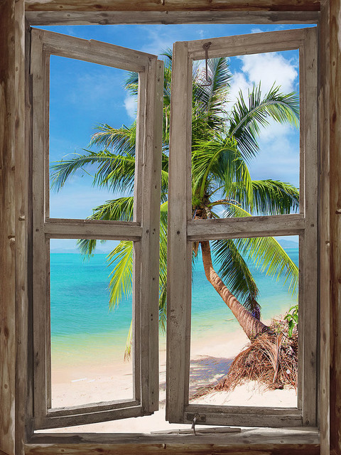Beach Cabin Window Mural #4 One Piece Peel & Stick CANVAS Wall Mural ...