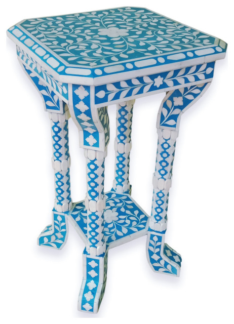 Floral Bone Inlay Blue 12 Inch Accent Table / End Table for living room ...