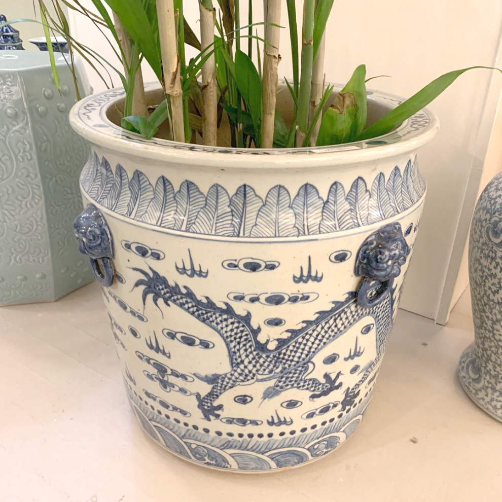 Blue & White Porcelain Dragon Planter With Lion Handle - Asian - Indoor ...