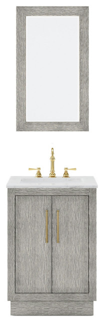 Hugo 24" Single Sink Carrara Marble Top Vanity in Grey Oak Hook Faucet ...