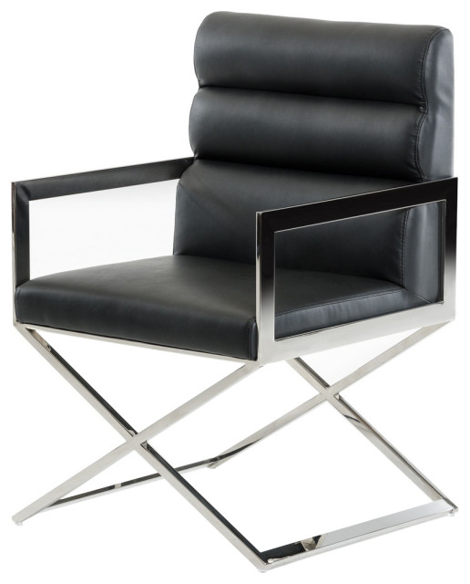 Leatherette Dining Chair with Stainless Steel Arms, Black and Silver ...