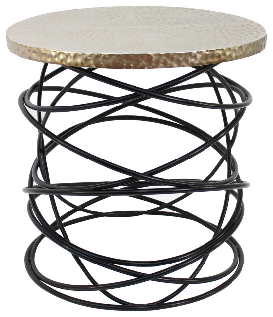 Industrial End Table with Cable Design Base and Round Top, Gold and ...