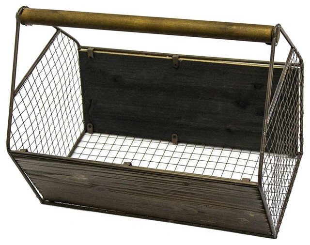 Wood and Metal Wire Mesh Basket With Handle, Brown - Farmhouse ...