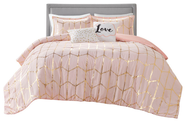 Intelligent Design Queen Metallic Print Comforter Set In Blush ID10 ...