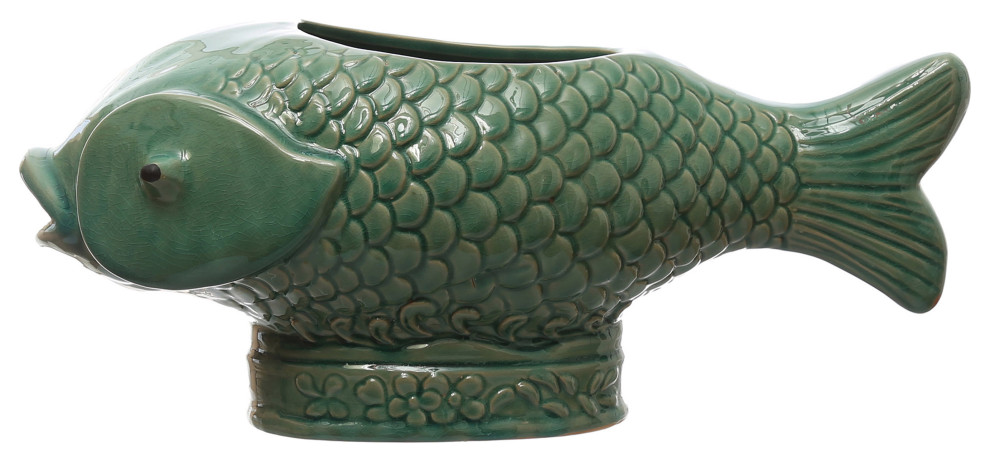 17" Debossed Stoneware Fish Planter, Reactive Glaze, Holds 7" Pot ...