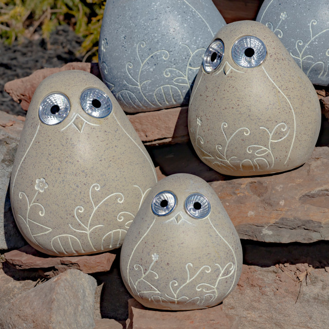 Set of 3 Solar Rock Birds With Floral Etching - Contemporary - Garden ...