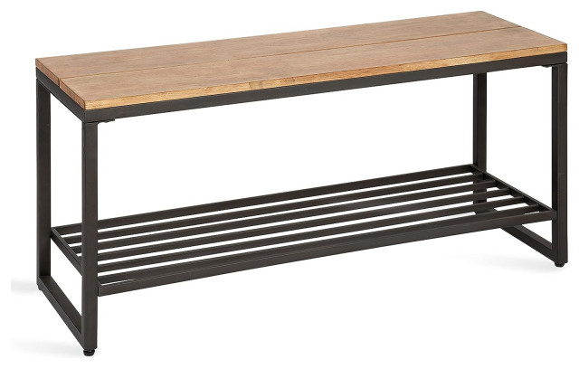 Farmhouse Bench, Slatted Lower Metal Shelf & Large Hardwood Top, Rustic ...