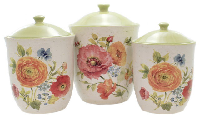Tabletop COUNTRY FRESH CANISTER SET Ceramic 3 Piece Set Flowers Roses ...