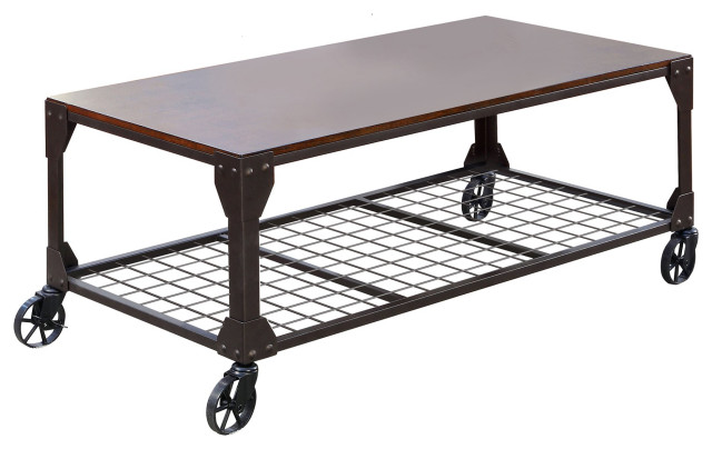 Walnut Metal Coffee Table, Industrial Design with Open Grid Shelf ...