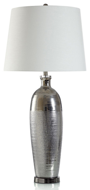 Metallic Silver Table Lamp Two Tone Ceramic and Steel Body White Shade ...