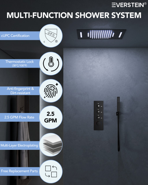 Thermostatic LED Shower System Rainfall Waterfall Shower Head w/ Hand Shower, 23 in.x 15 in ...