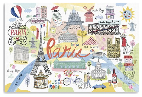 36" Fun Illustrated Paris Map Canvas Wall Art - Contemporary - Prints ...