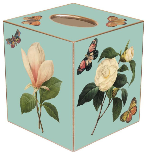 Aqua Magnolia and Peony Wood Wastepaper Basket - Contemporary ...