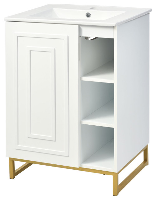 24inch White Bathroom Vanity Sink Combo,Gold Legs and Semi-open Storage ...