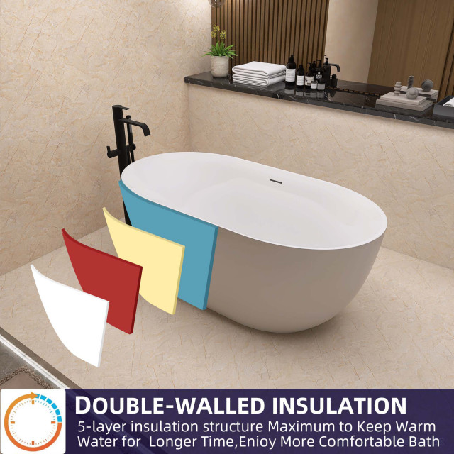 55 Inch Acrylic Freestanding Soaking Bathtub in Gloss White ...