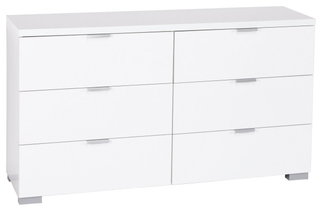 Modern Double Dresser, 6 Storage Drawers With Silver Metal Pulls, White ... Modern Double Dresser, 6 Storage Drawers With Silver Metal Pulls, White ...