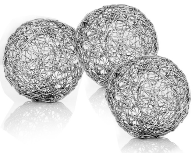 HomeRoots 3" x 3" x 3" Shiny Nickel Silver Wire Spheres Box of 3 ...
