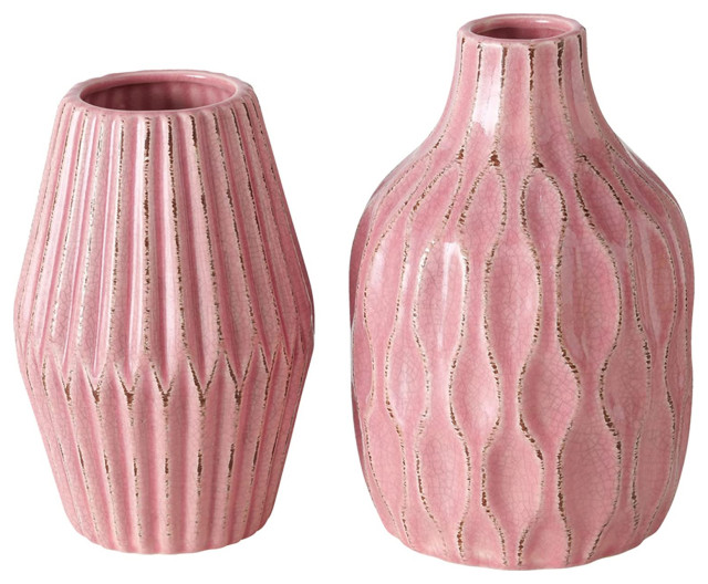 2 Piece Handmade Pink Stoneware Table Vase Set - Farmhouse - Vases - by ...