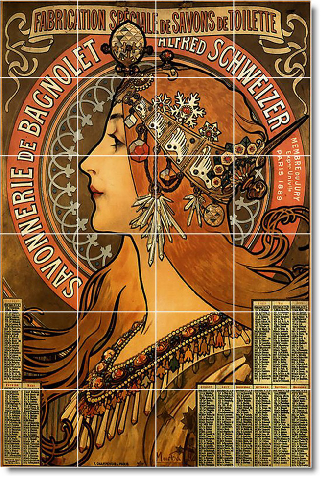 Alphonse Mucha Poster Art Painting Ceramic Tile Mural #34, 48" Wide x ...