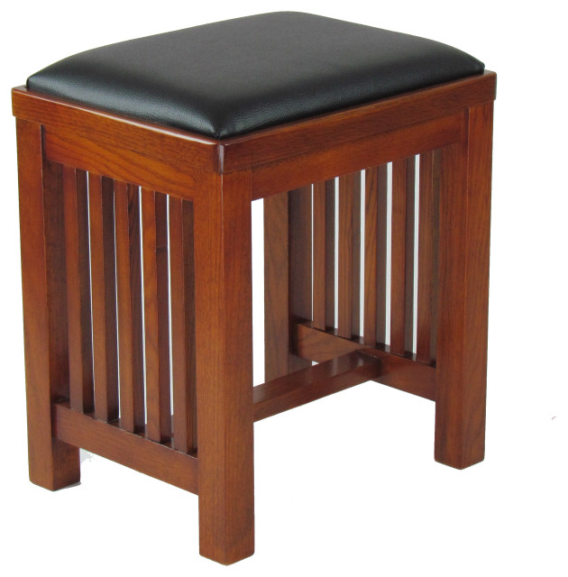 Faux Leather Upholstered Mission Wooden Stool With Slatted Sides, Brown ...