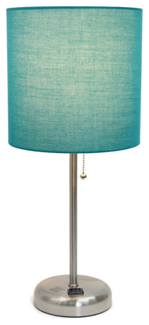 LimeLights Silver Metal Stick Lamp w/ Power Outlet with Teal Shade ...