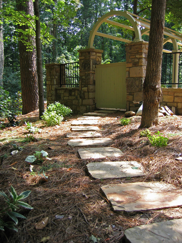 Fieldstone stepping stones, Columns and sitting wall; Barrel Arbor ...
