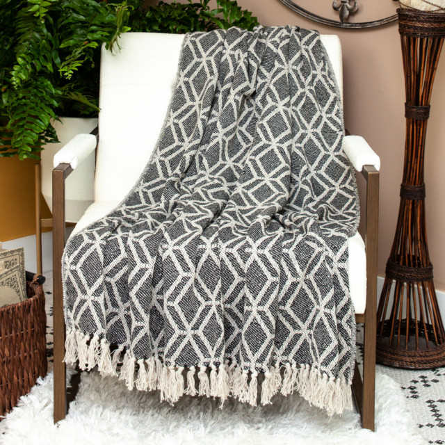Gray and Beige Handloom Geometric Woven Throw Blanket - Contemporary ...